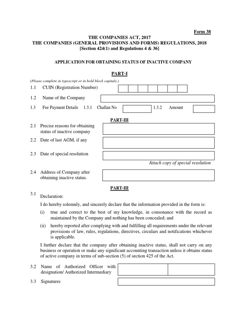 Form 38 - Application For Obtaining Status of Inactive Company | PDF