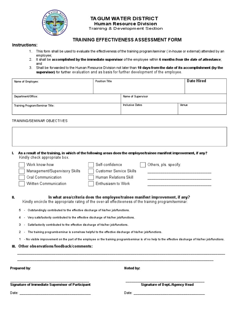 Training Effectiveness Form | PDF | Behavior Modification | Cognition