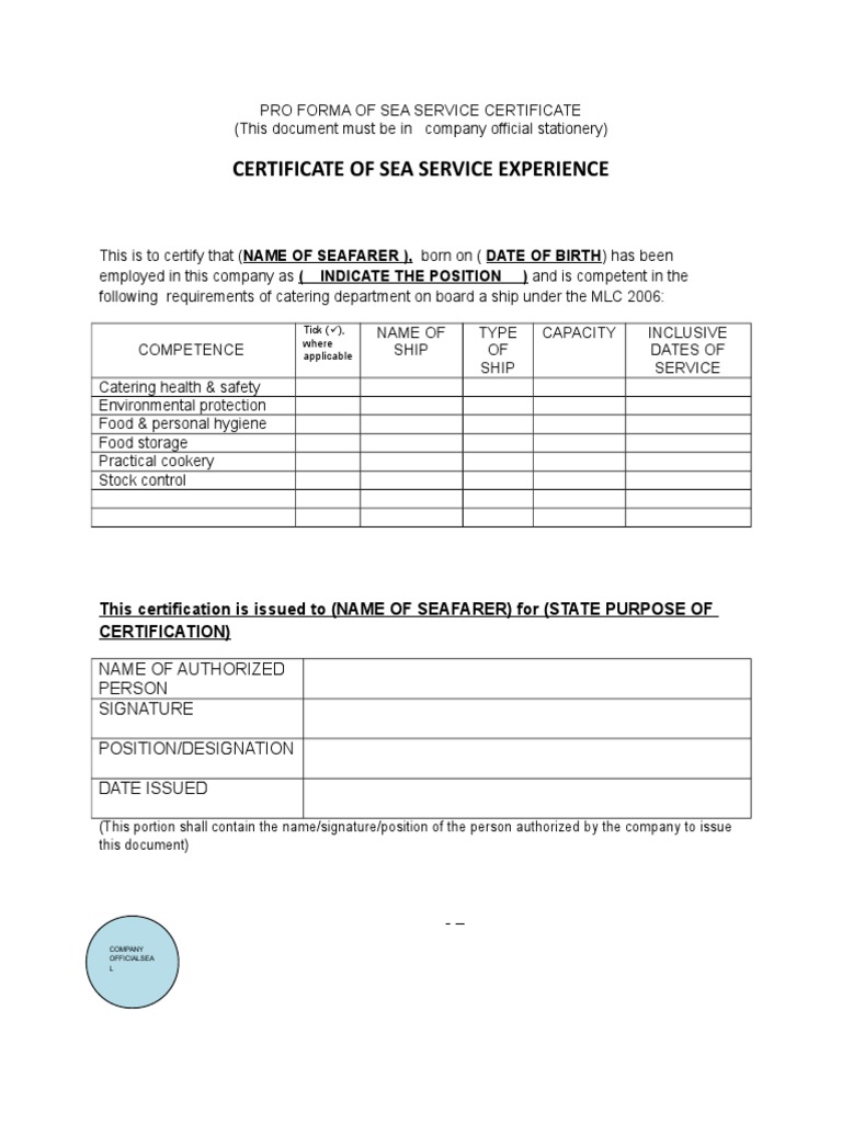 Pro Forma of Sea Service Certificate | PDF