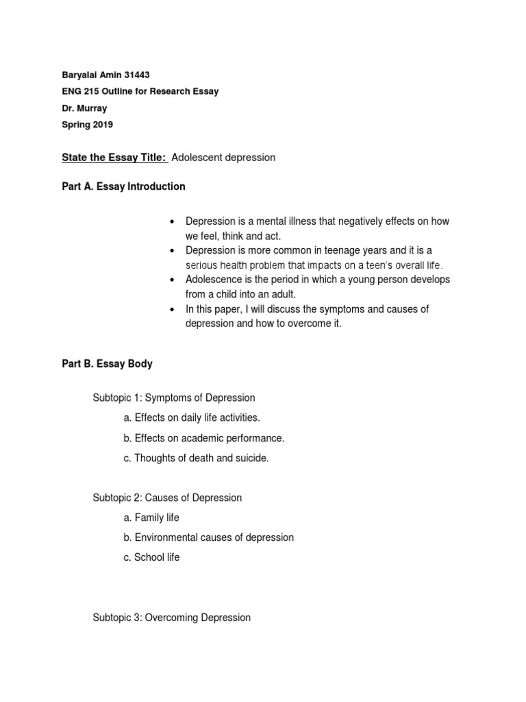 ENG 215 Template Outline | Major Depressive Disorder | Adolescence