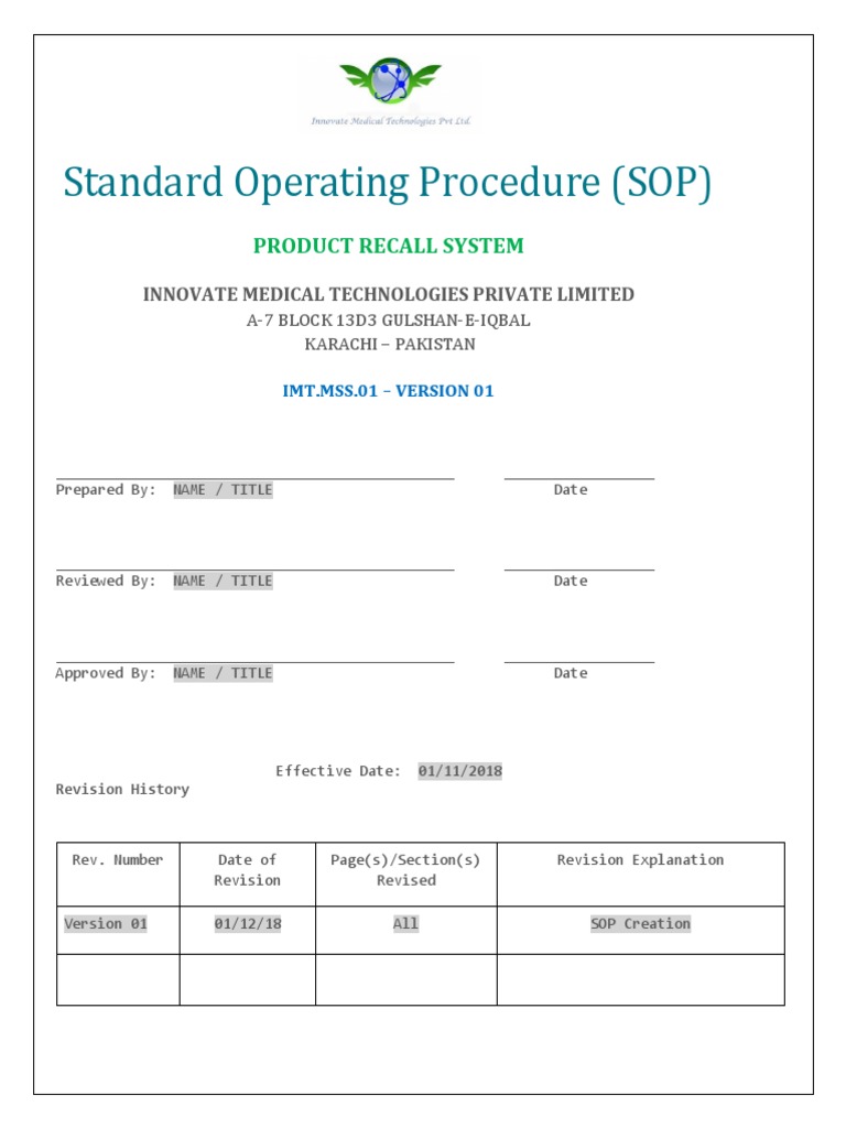 SOPs-IMT - SSM.01 Re-Call System | PDF