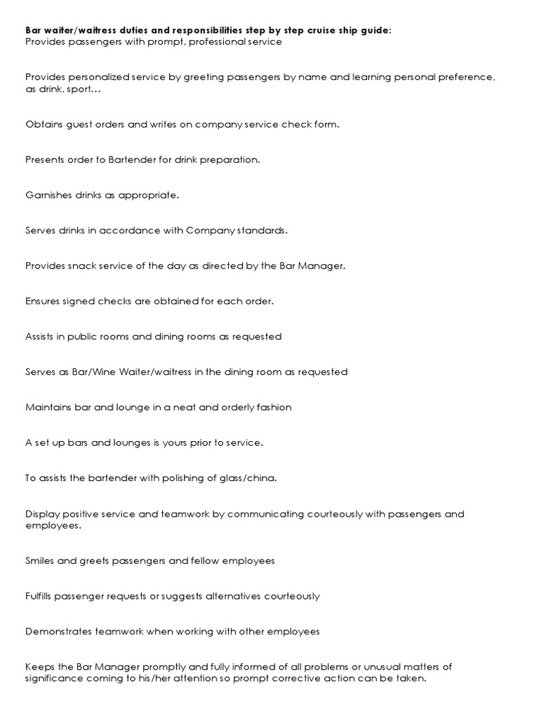 Bar Waiter/waitress Duties and Responsibilities Step by Step Cruise ...