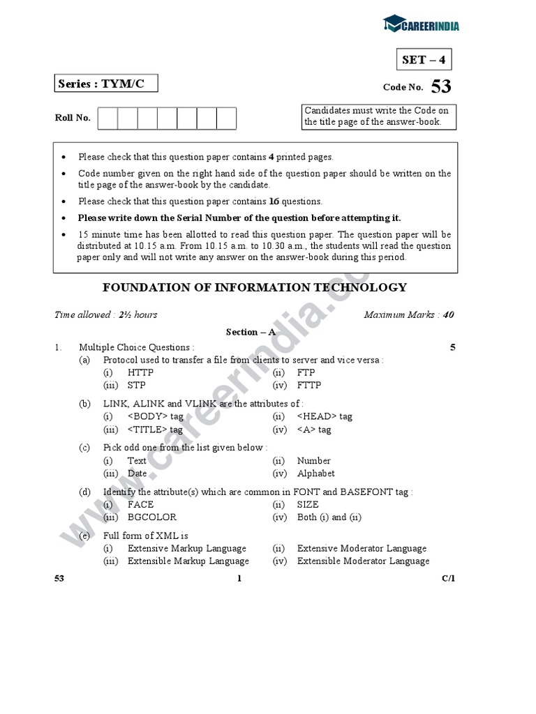 CBSE Class 10 Foundation of Information Technology SET 4 Compartment ...