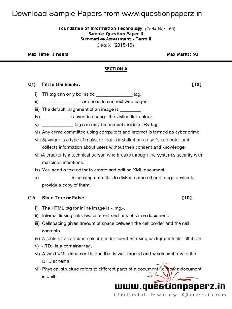 CBSE 10th FIT Sample Papers PDF | PDF | Html Element | Html