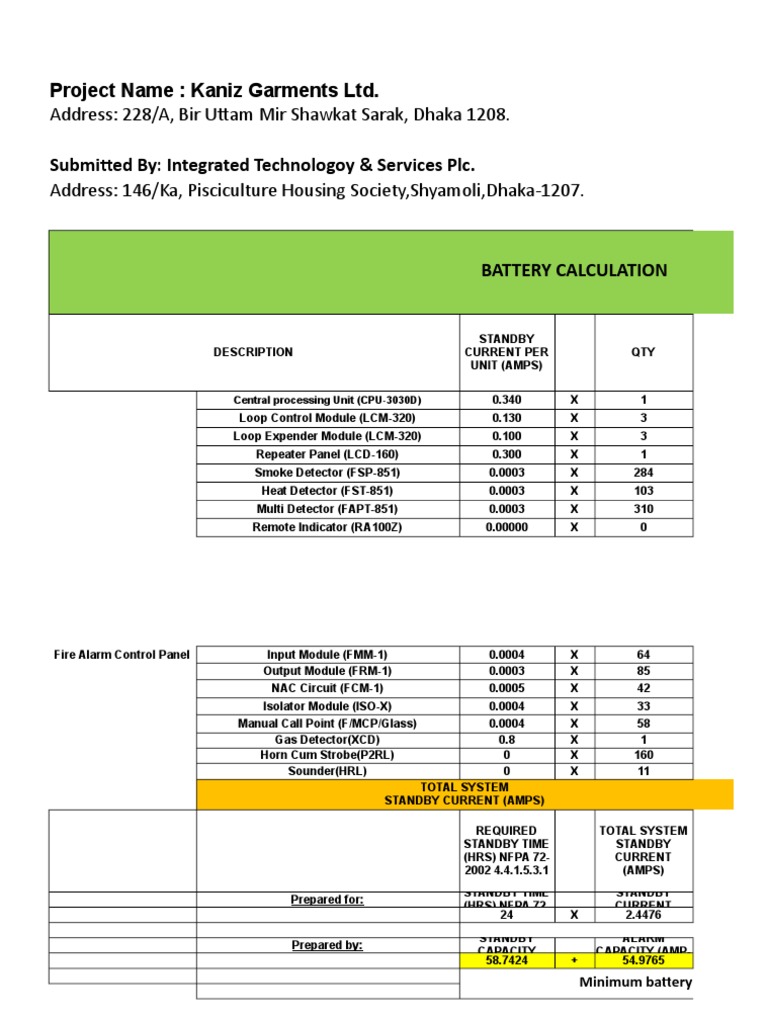 Fire Alarm Battery Capacity Calculation | PDF | Active Fire Protection ...