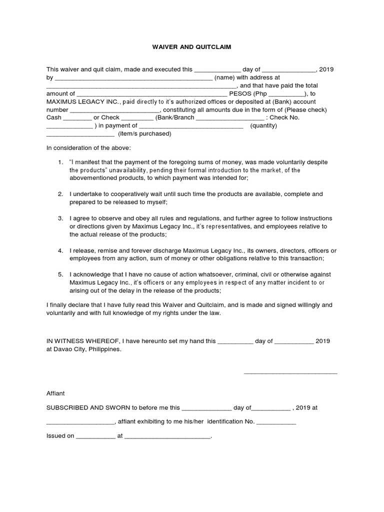 Waiver And Quitclaim | Payments | Money