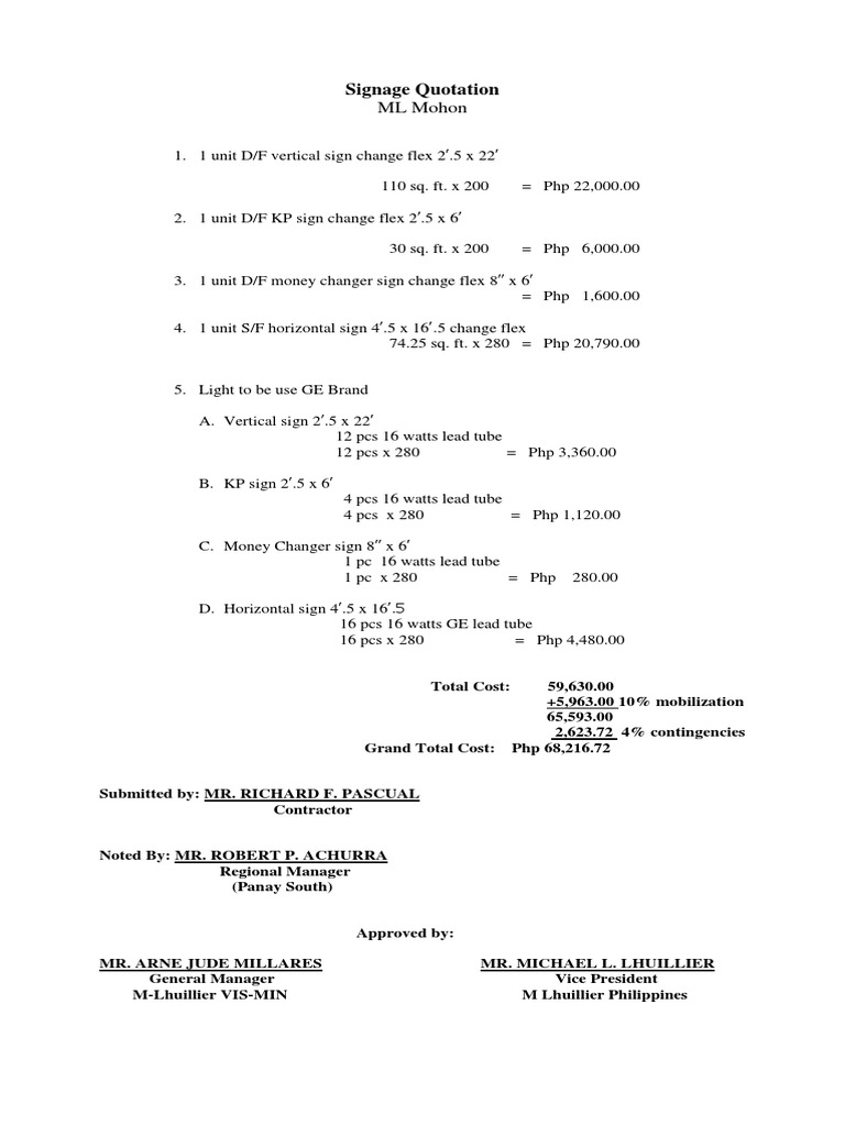 Signage Quotation: ML Mohon | PDF