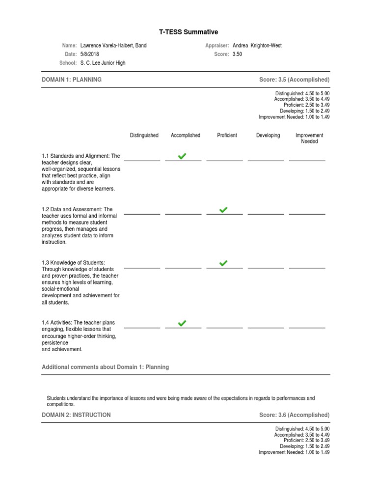 Domain 1: Planning Score: 3.5 (Accomplished) : T-TESS Summative | PDF ...