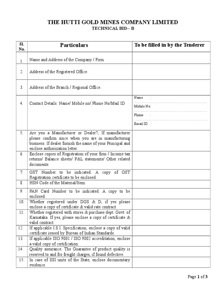 The Hutti Gold Mines Company Limited: To Be Filled in by The Tenderer ...