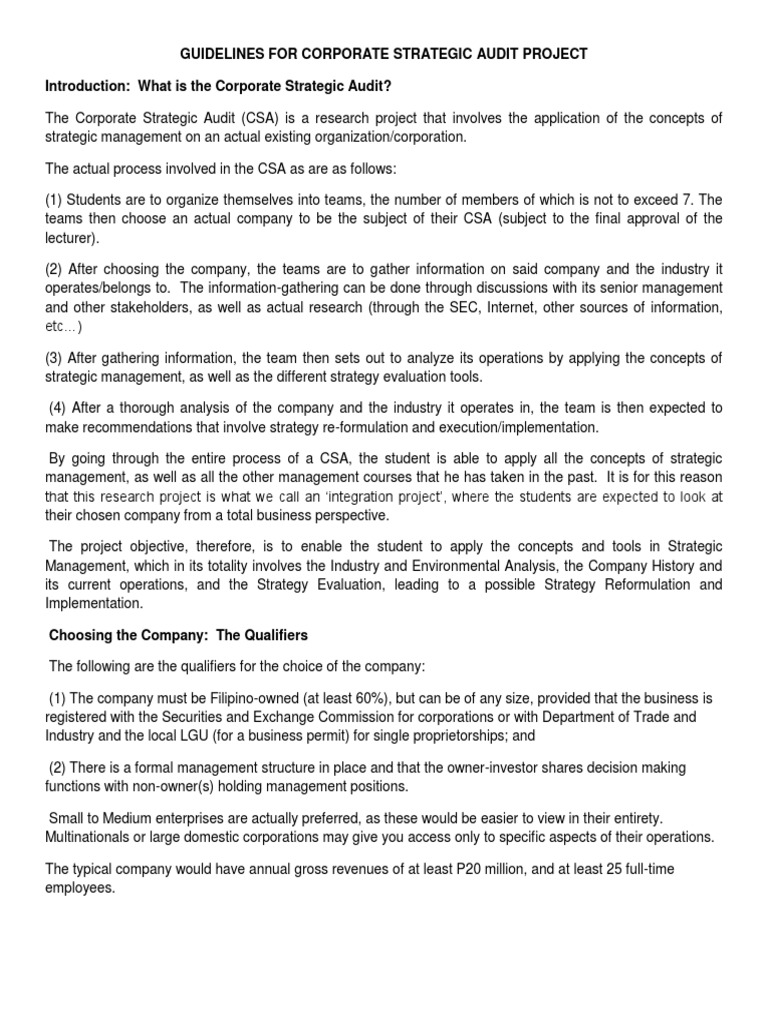 Guidelines For Corporate Strategic Audit Project | PDF | Strategic ...