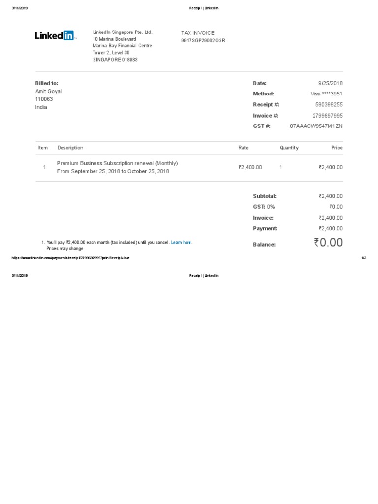 Sep18 Receipt - LinkedIn | PDF | Receipt | Invoice
