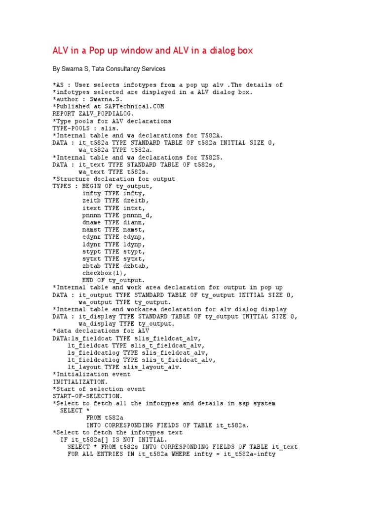 ALV Popup and Dialog Box Guide | PDF | Subroutine | Information Technology Management