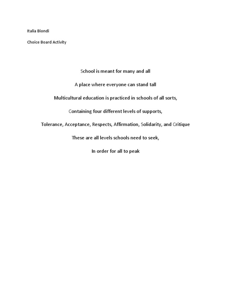 Multiculturalism Choice Board - Poem | PDF