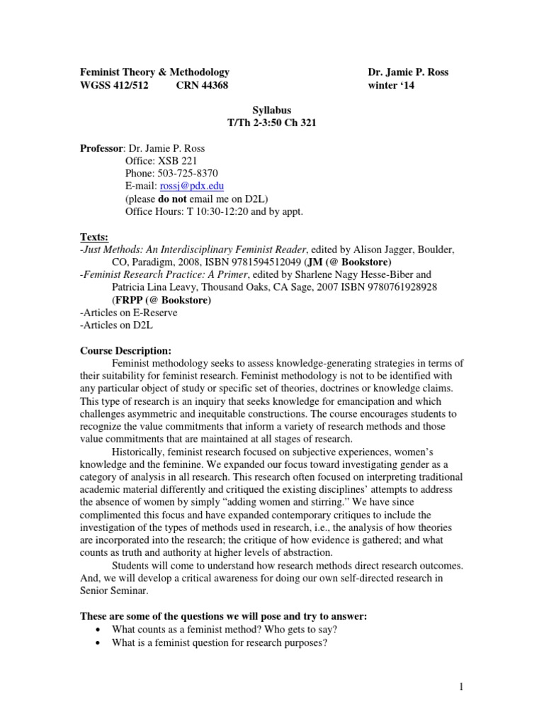 WS 412 Syllabus Feminist Methodology Winter '14 | PDF | Feminism | Gender Studies