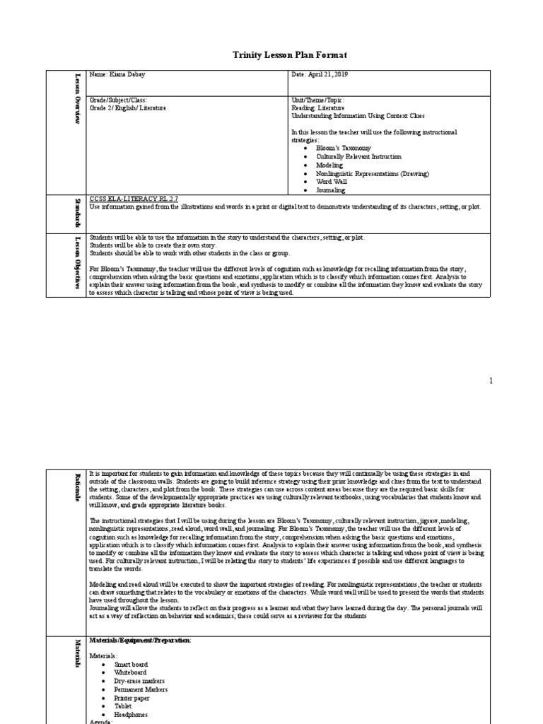 Trinity Lesson Plan 3 Edcc 340 | PDF | Reading Comprehension ...