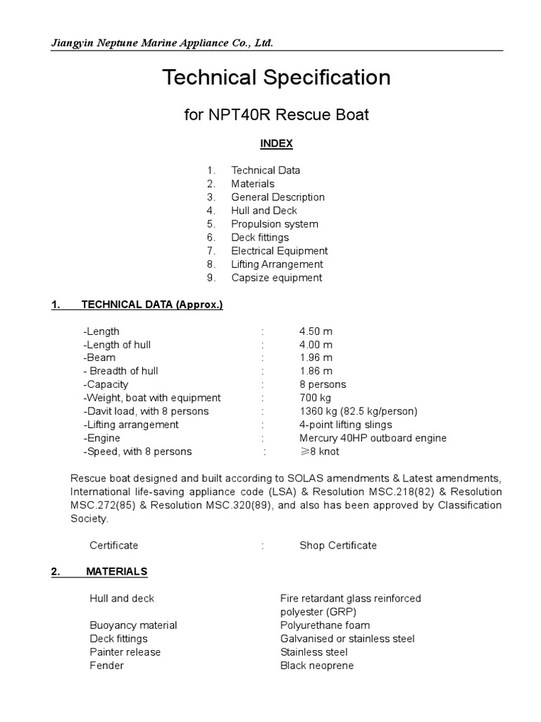Technical Specification: For NPT40R Rescue Boat | PDF | Boats | Hull ...