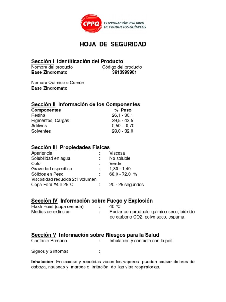 Hoja de Seguridad: Base Zincromato | PDF | Oxígeno | Agua