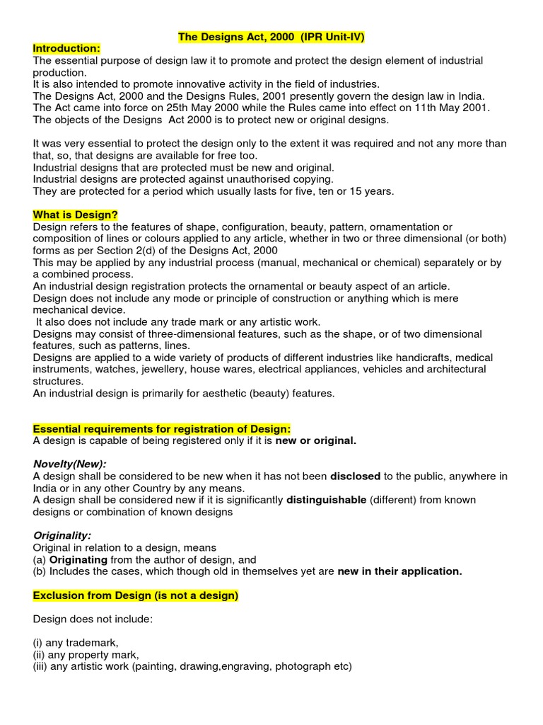 Salient Features of the Designs Act 2000 | PDF | Intellectual Property ...