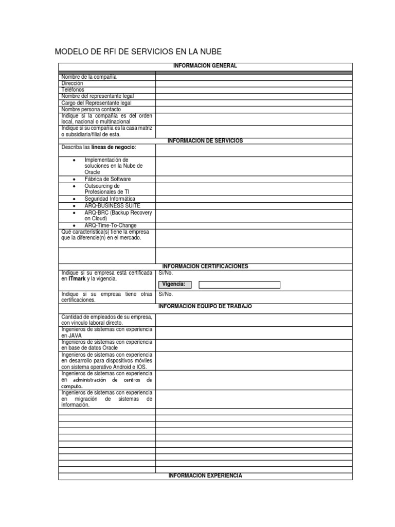 Modelo de Rfi de Servicios en La Nube | PDF | Oracle Corporation ...