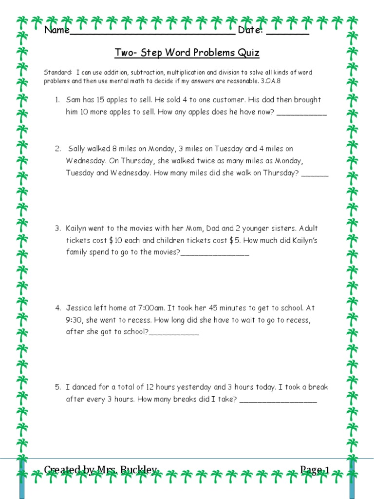 Name - Date: - Two-Step Word Problems Quiz | PDF | Leisure