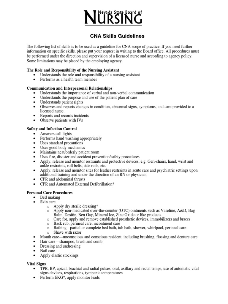 CNA SKILLS GUIDELINES | PDF | Nursing | Urinary Incontinence