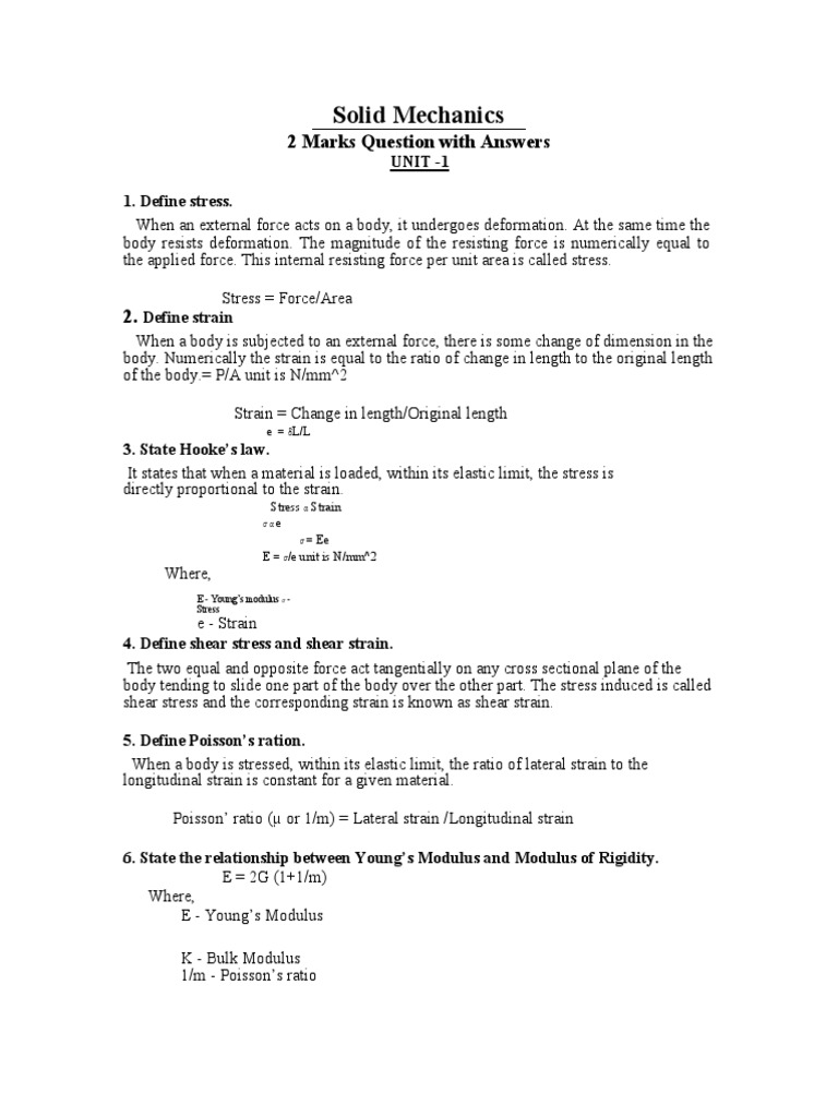 Solid Mechanics: 2 Marks Question With Answers | PDF | Bending | Young ...