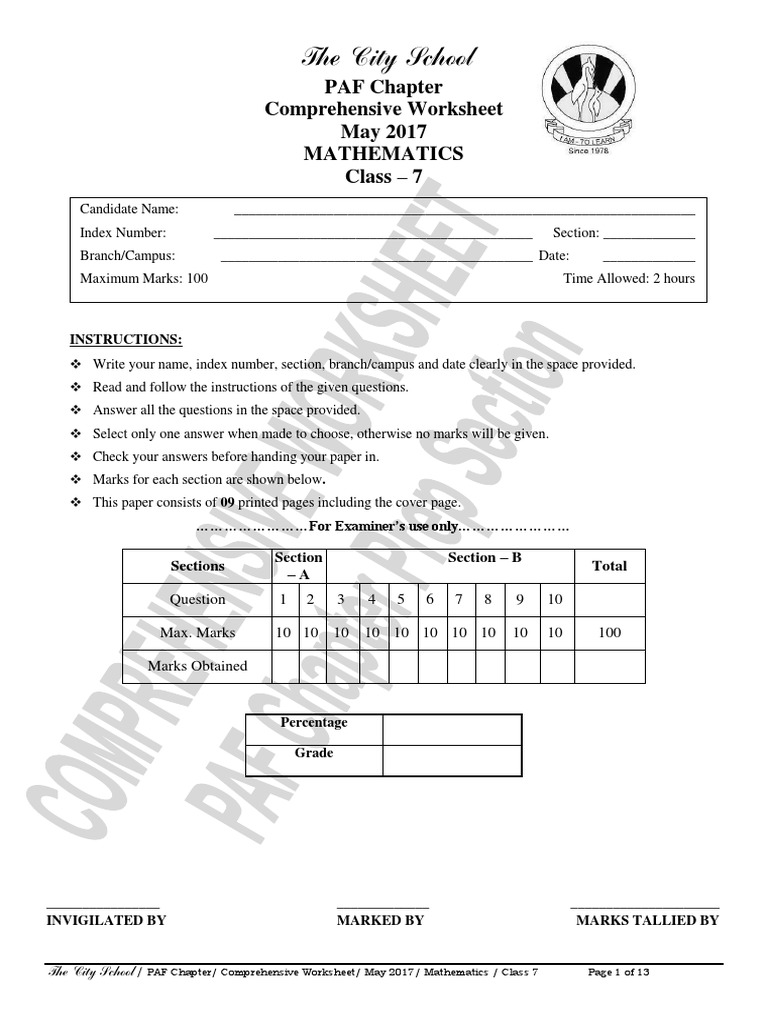 Math Comprehensive Worksheet Class 7 Paper PDF | PDF | Triangle | Geometry
