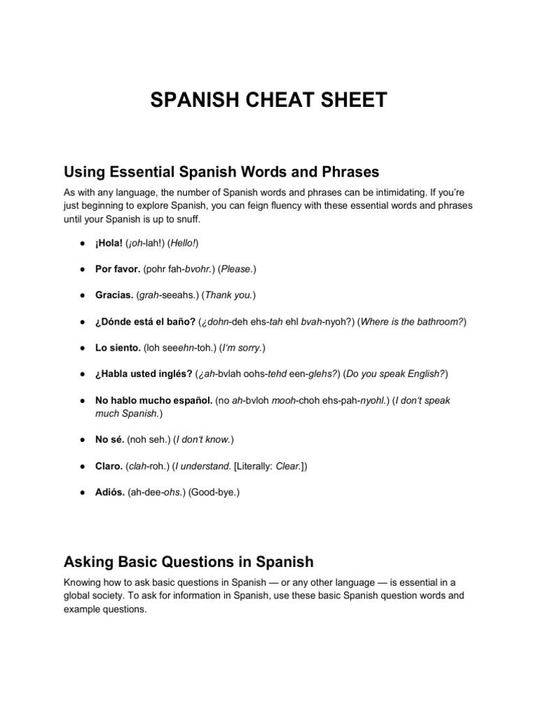 Spanish Cheat Sheet: Using Essential Spanish Words and Phrases | PDF ...