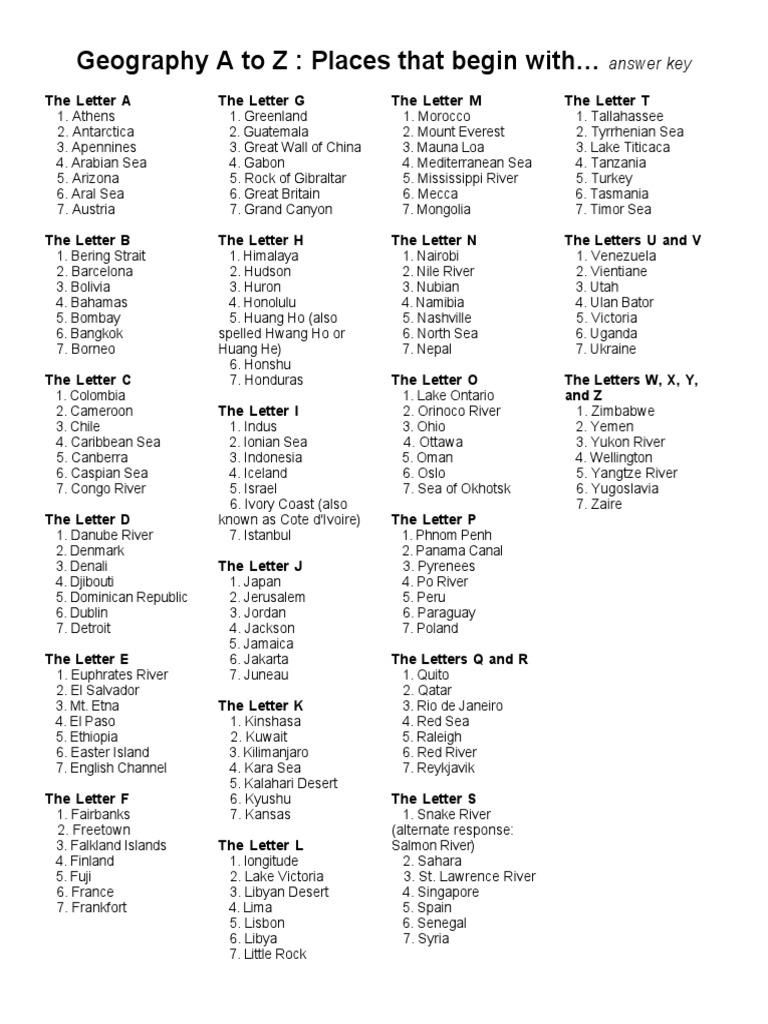 Geography A To Z: Places That Begin With : Answer Key | PDF | Fluvial ...