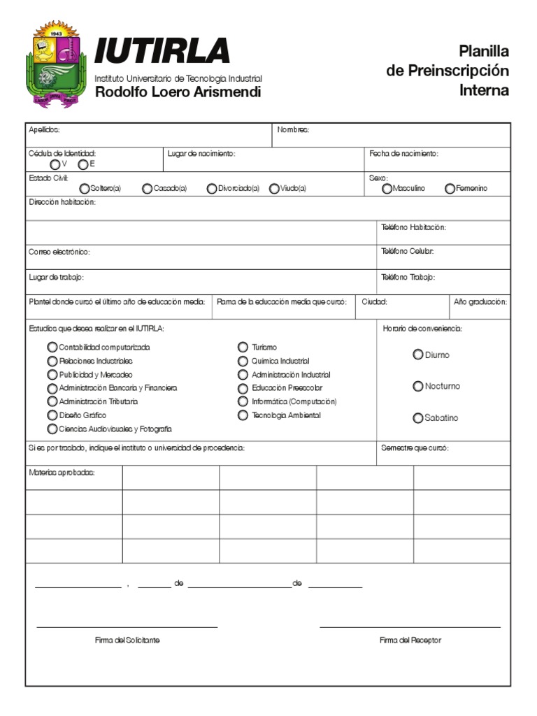 Planilla Pre Inscripción IUTIRLA.pdf | Tecnología | Educación avanzada