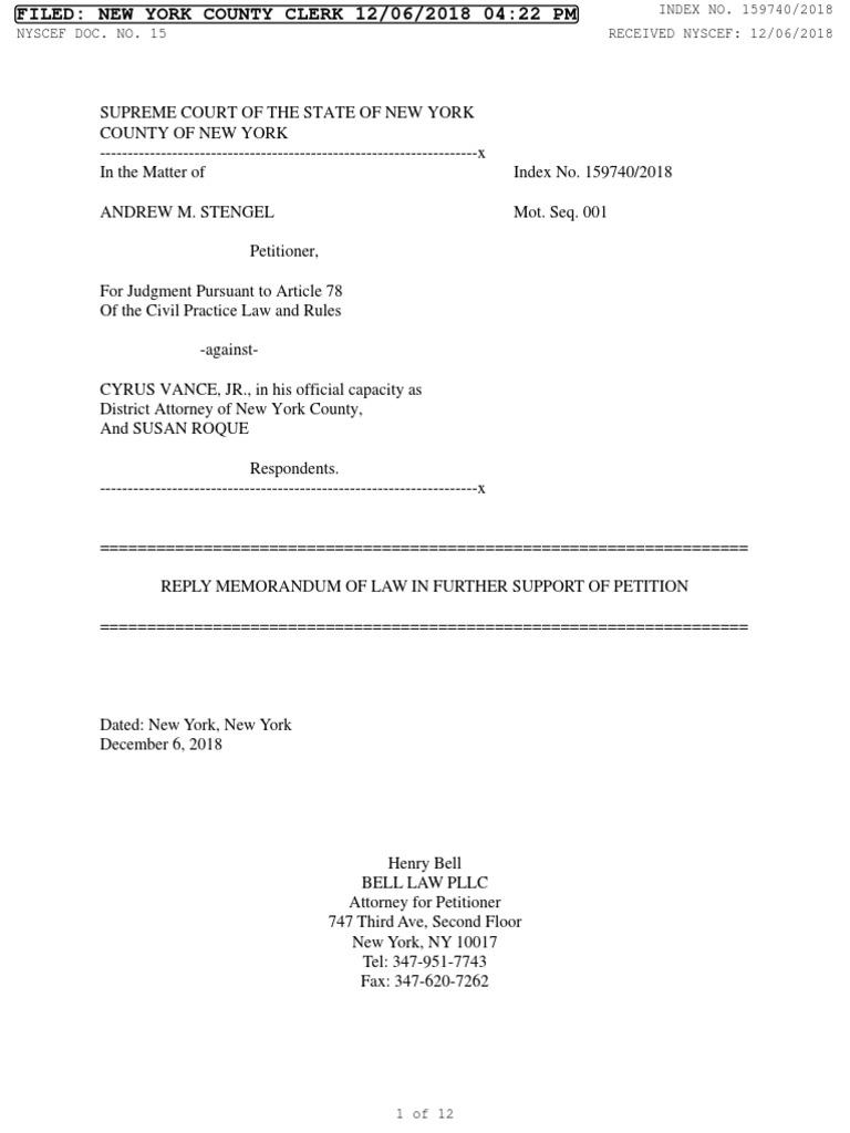 Stengel v. Vance, Et Al. Article 78 Petition Reply Memorandum of Law ...