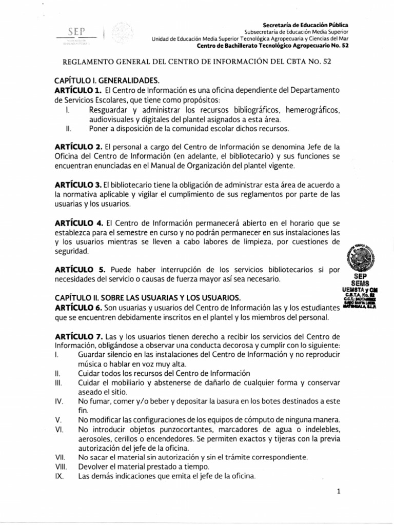 Reglamentos Centro de Información CBTA 52 | PDF
