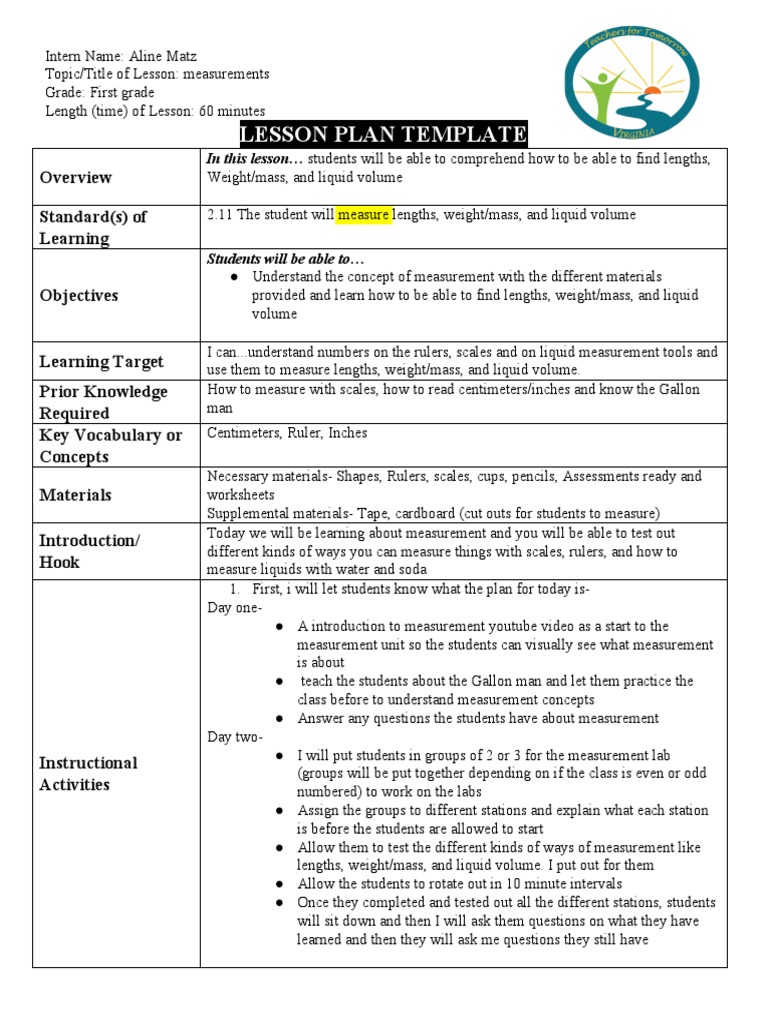 Aline Matz - Assignment First-Ever Lesson Plan - 3222952 | PDF ...