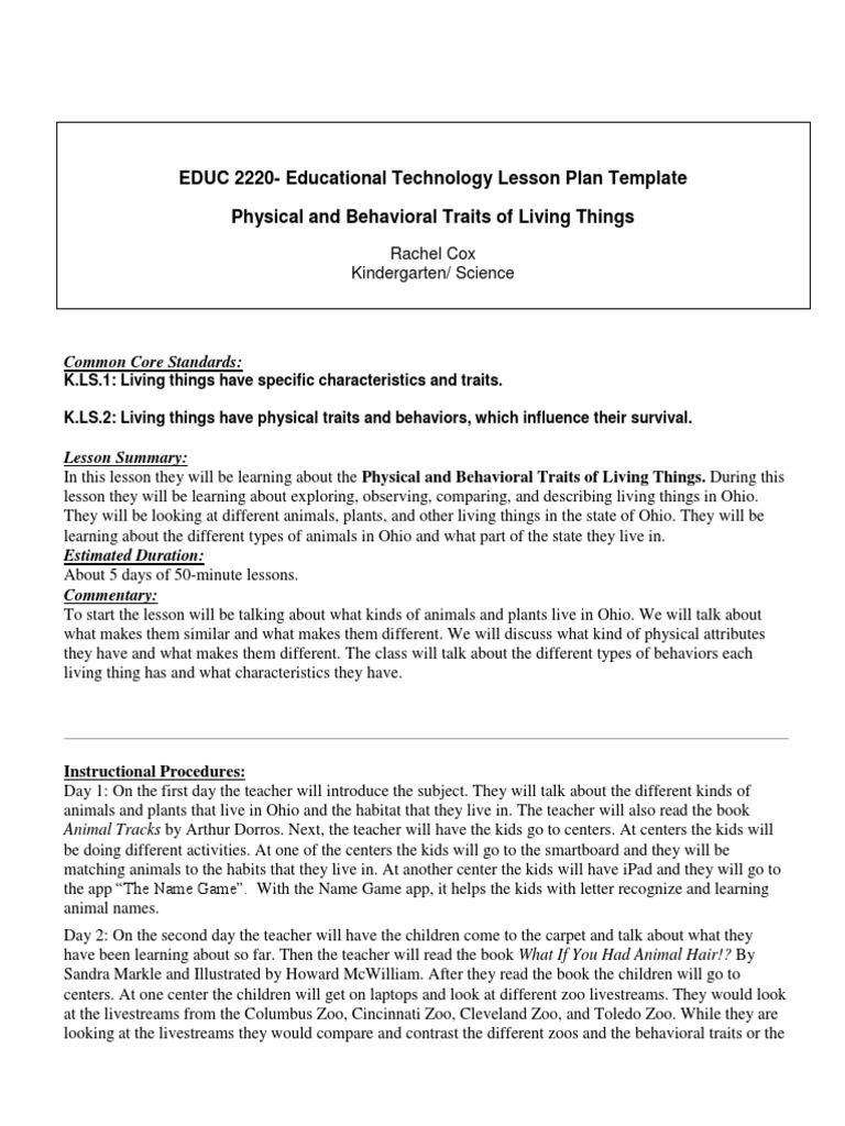 EDUC 2220-Educational Technology Lesson Plan Template Physical and Behavioral Traits of Living ...