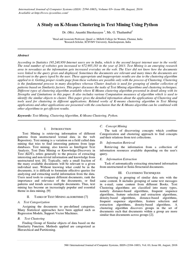 A Study On K-Means Clustering in Text Mining Using Python | PDF ...