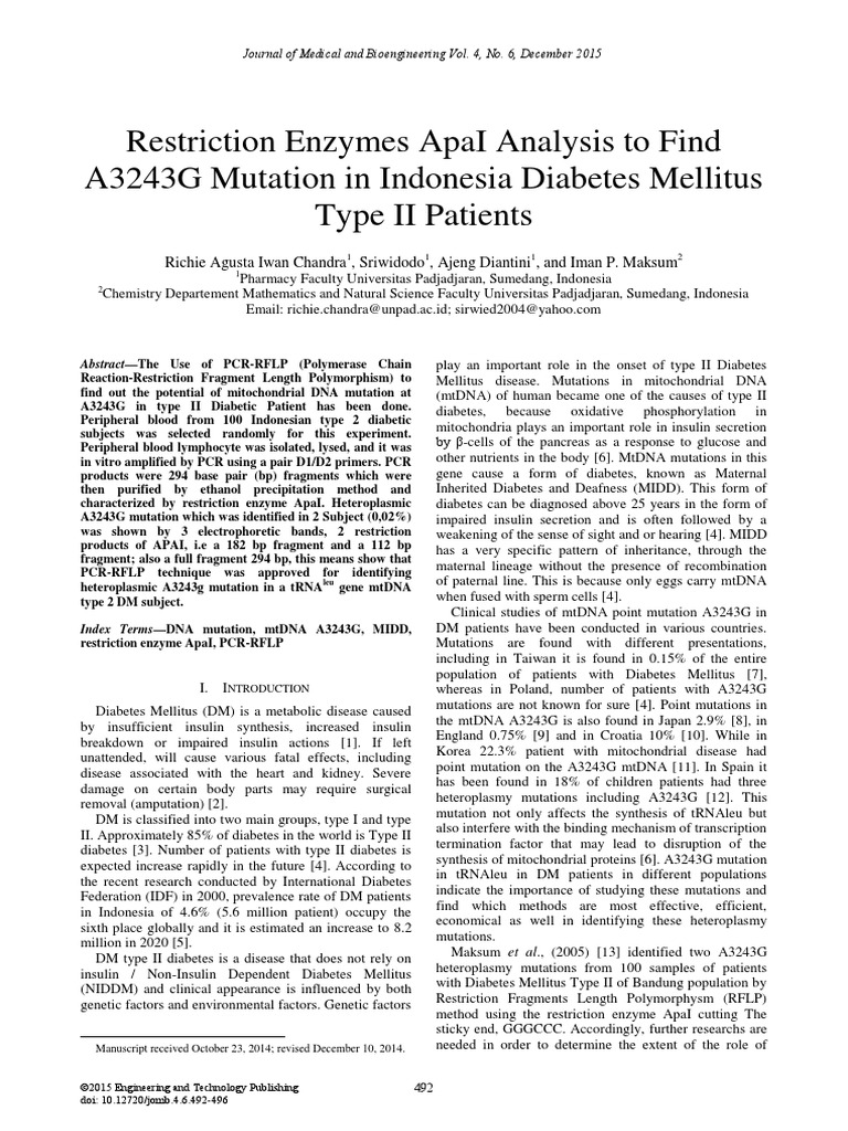 Restriction Enzymes Apai Analysis To Find A3243G Mutation in Indonesia ...