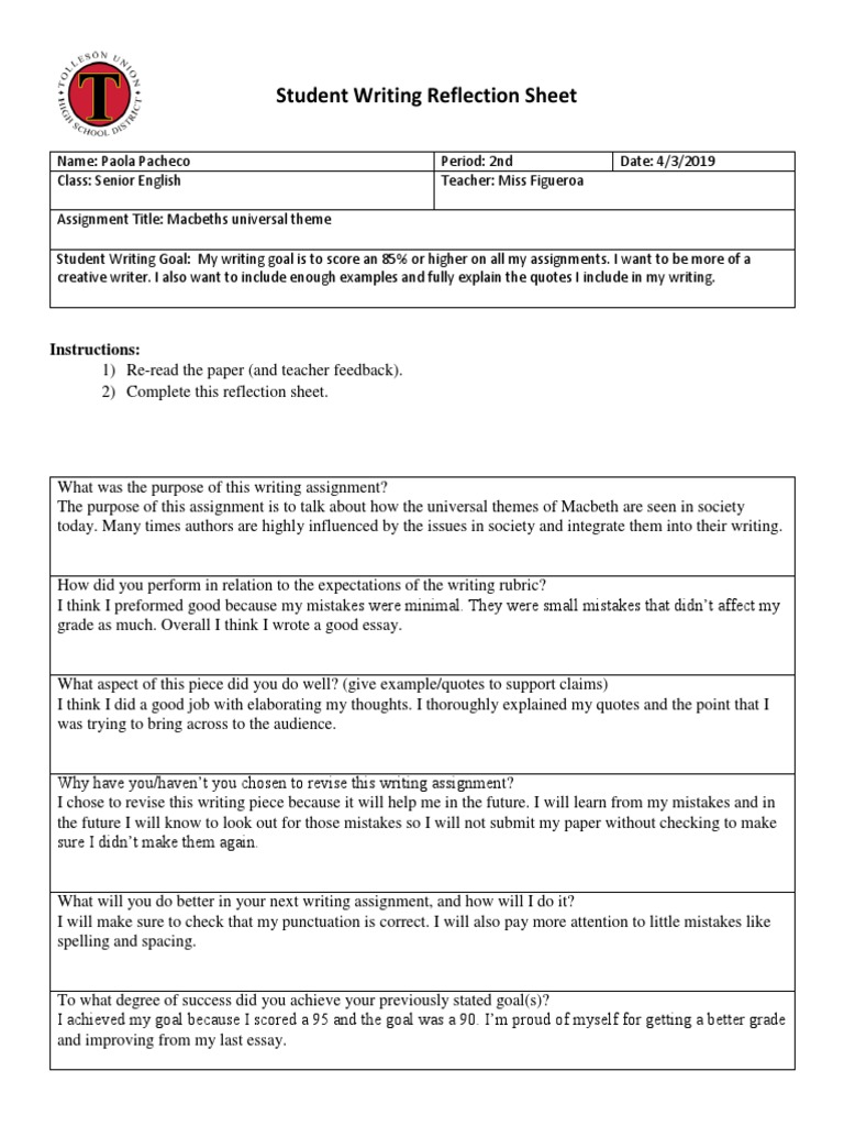 q3 Senior Portfolio Reflection Sheets | PDF