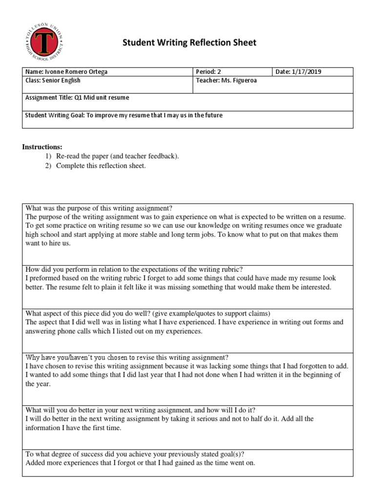 Student Writing Reflection Sheet: Instructions | PDF