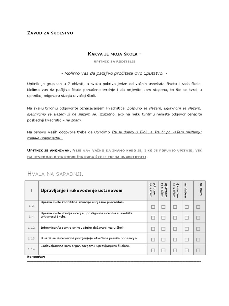 Upitnik Za Roditelje | PDF