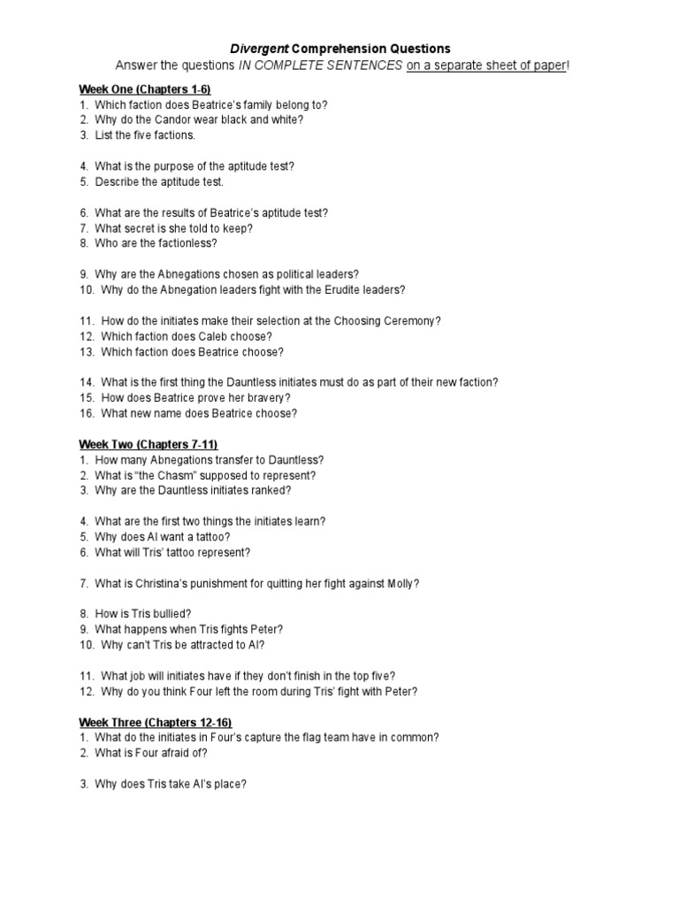 Divergent Comprehension Questions Guide | PDF | Divergent (Novel)