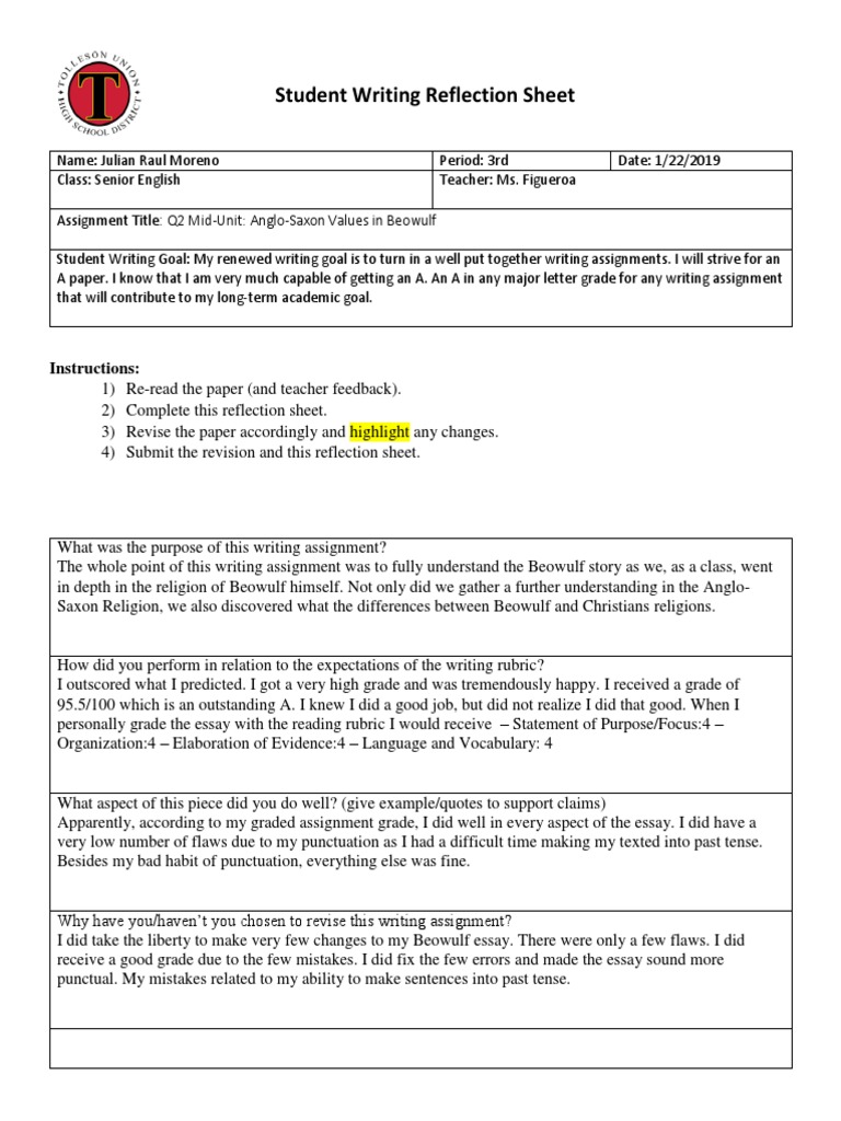 Senior Portfolio Reflection Sheets Beowulf | PDF | Beowulf | Goal