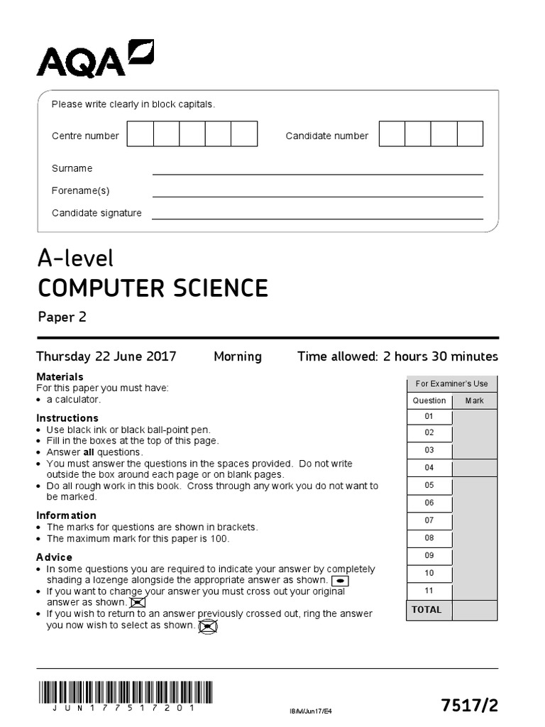Aqa 75172 QP Jun17 | PDF | Boolean Algebra | Teaching Mathematics