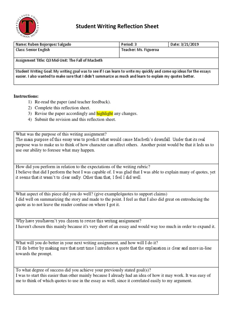 q3 Mu Senior Portfolio Reflection | PDF | Career & Growth | Language ...