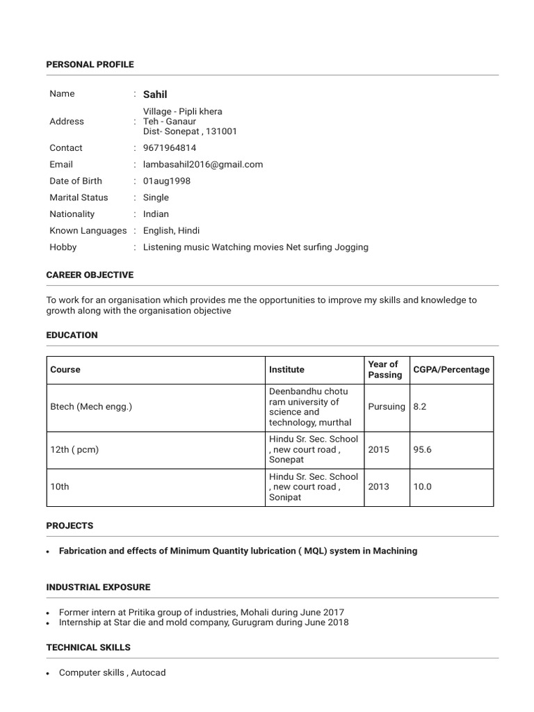 Sahil: Course Institute Year of Passing CGPA/Percentage | PDF | Science And Technology ...