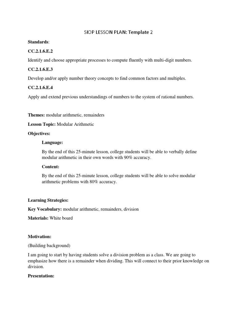 Siop Lesson Plan | PDF | Vocabulary | Arithmetic