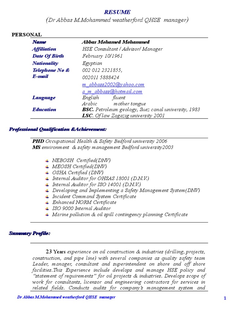 Drabbas Resume Qhse Manger Weatherford2 | PDF | Risk Management | Risk ...