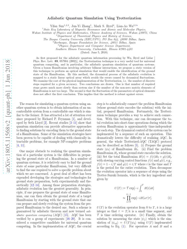 Adiabatic Quantum Simulation Using Trotterization PDF | PDF | Quantum Computing | Matrix ...