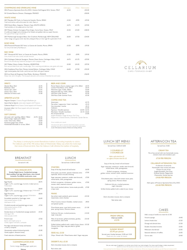 Cellarium Café Menu: Drinks & Dining | PDF | Bacon | Cuisine