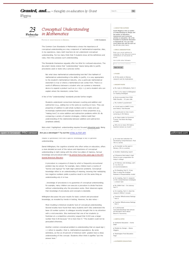 Conceptual Understanding in Mathematics PDF | PDF | Teaching ...