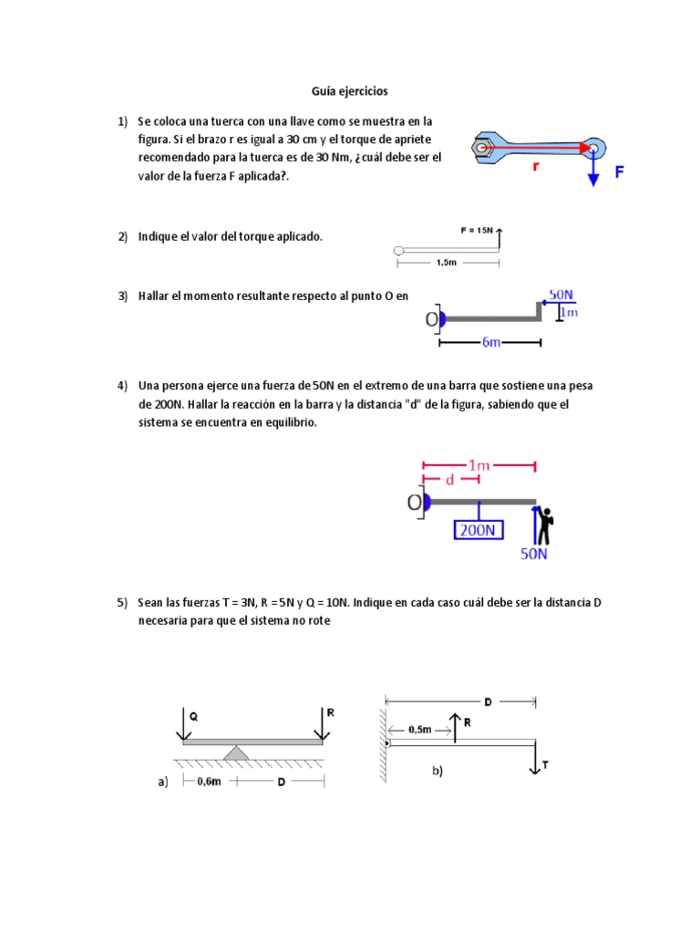 Guía de ejercicios sobre equilibrio de fuerzas, momentos y torques | PDF